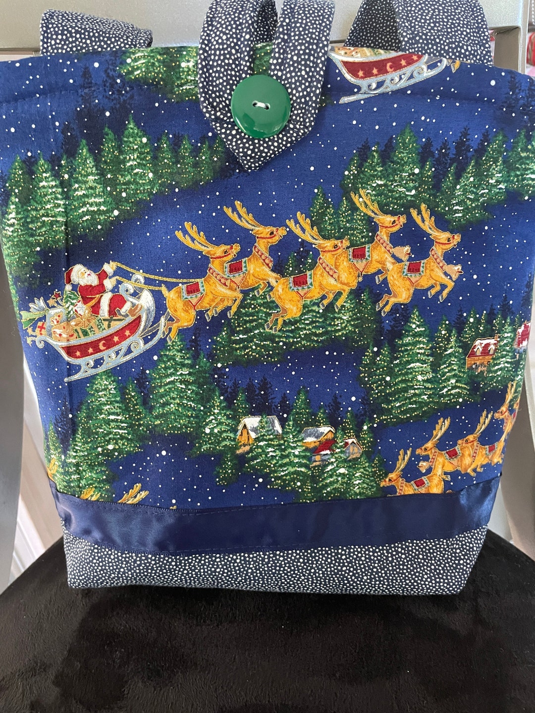 Christmas Santa Sleigh Reindeer Snow Blue Tote Bag Handmade Doodaba ...