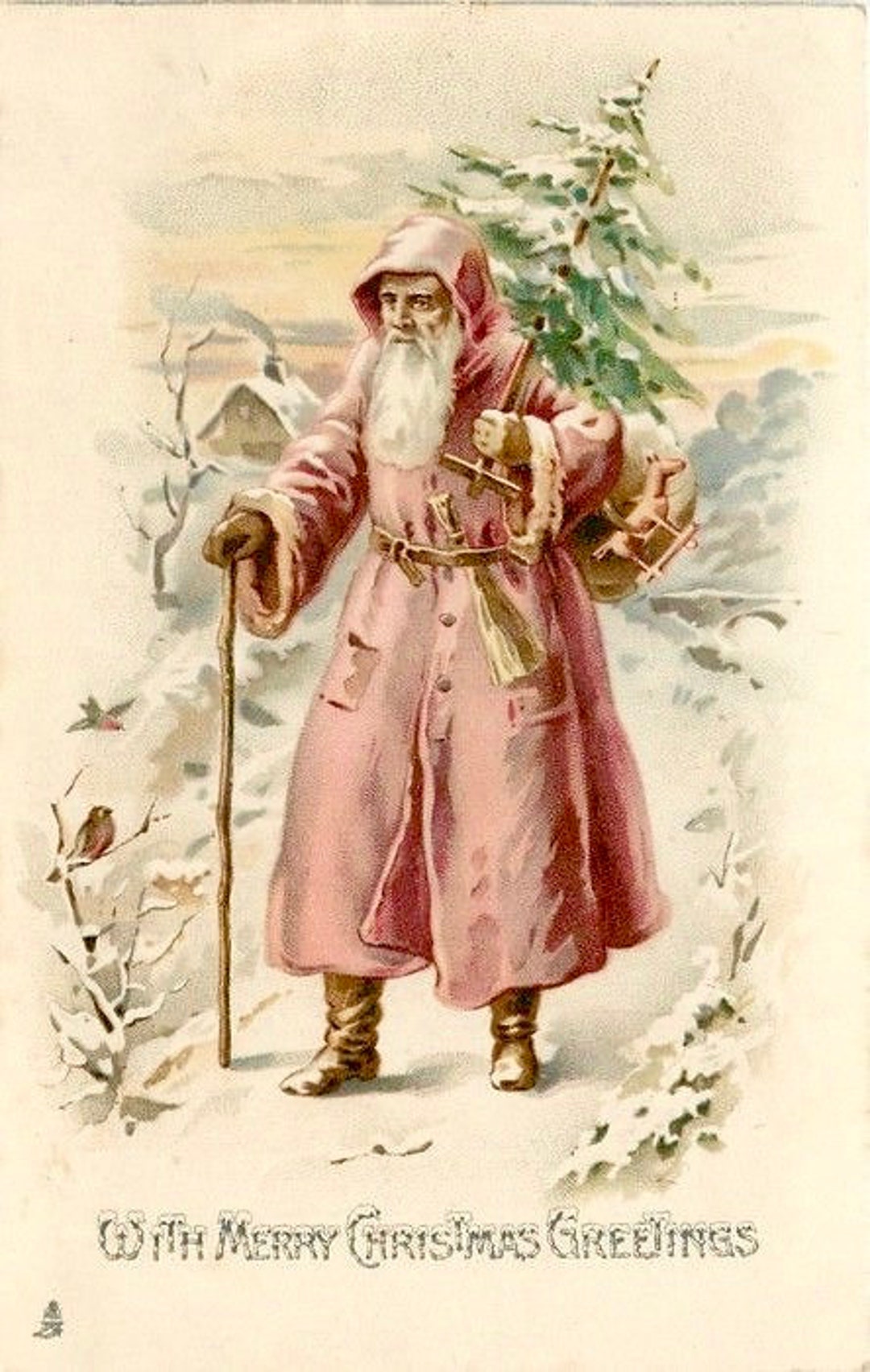 Vintage Victorian Christmas Pink Santa Claus Graphic Image Art Fabric ...