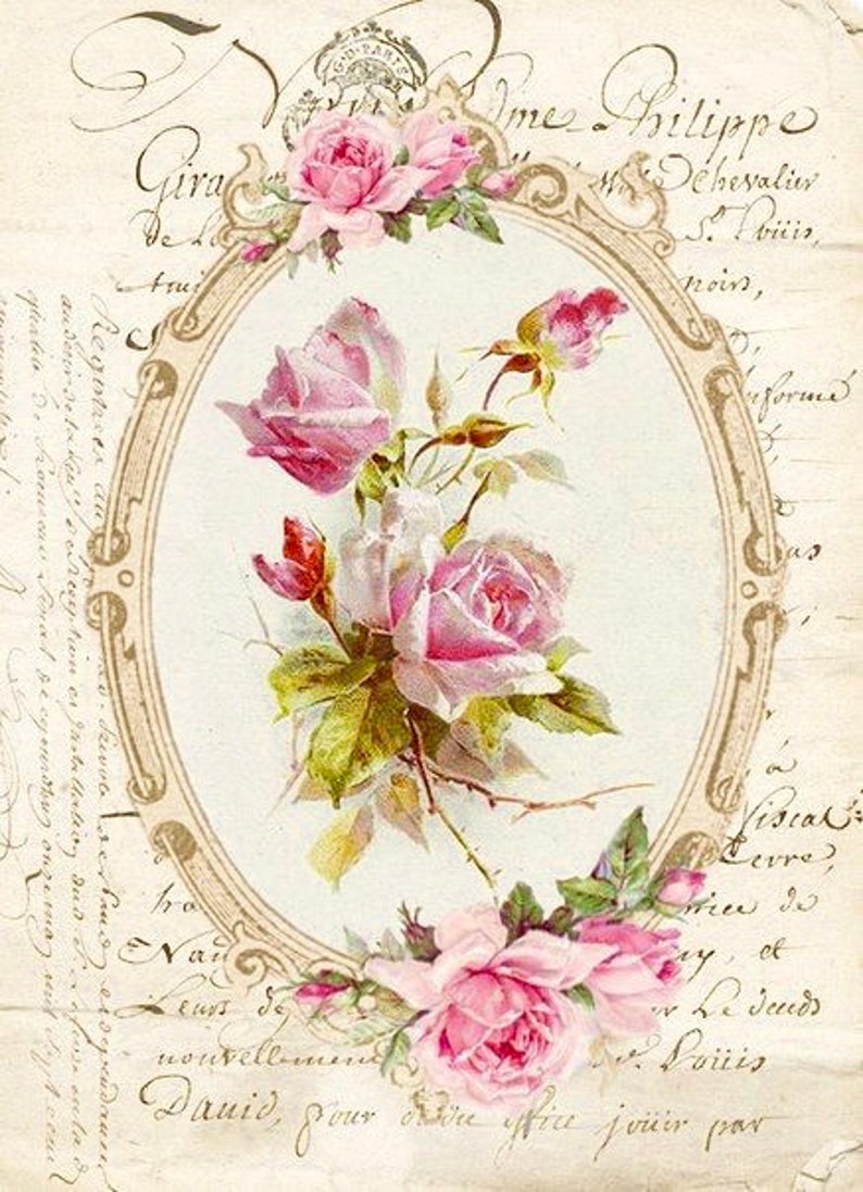 Vintage Victorian Pink Roses Frame Graphic Image Art Fabric Block ...