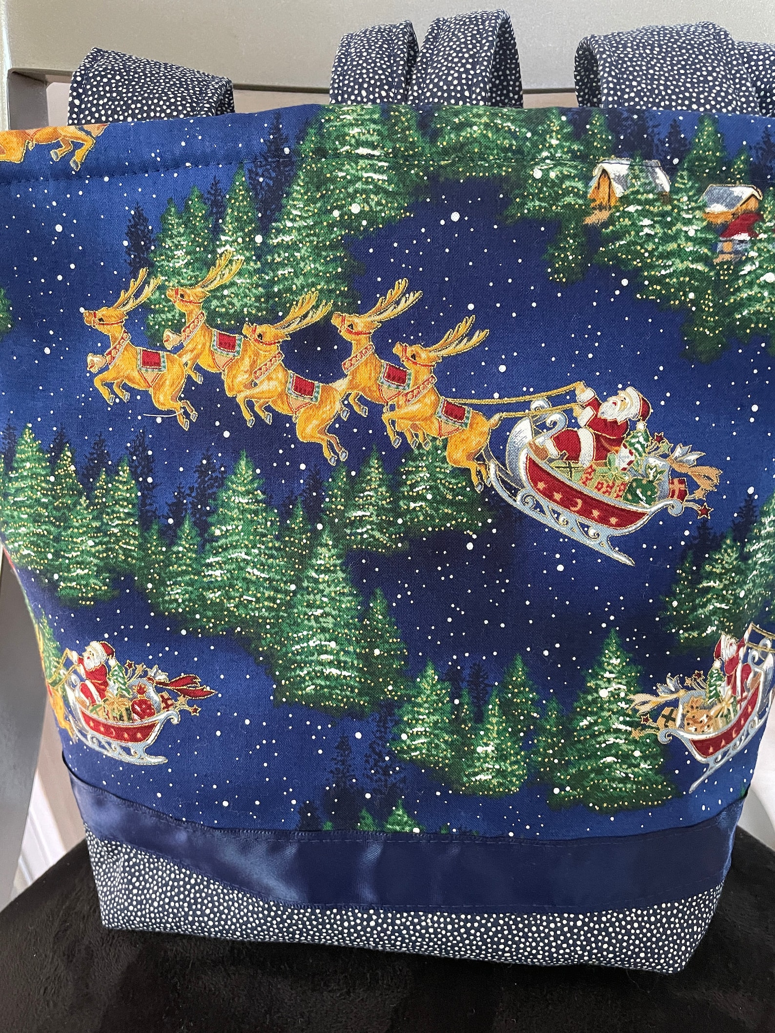 Christmas Santa Sleigh Reindeer Snow Blue Tote Bag Handmade - Etsy