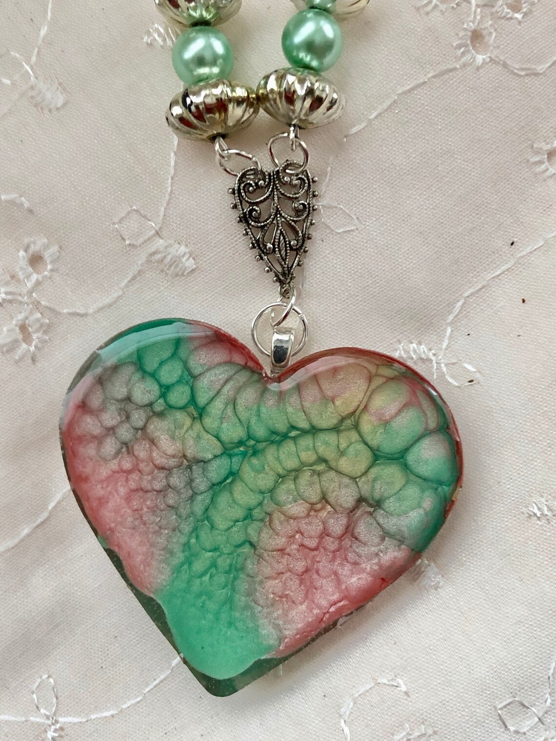 Mint Green Mauve Pink Marbled Resin Heart Silver Chain | Etsy