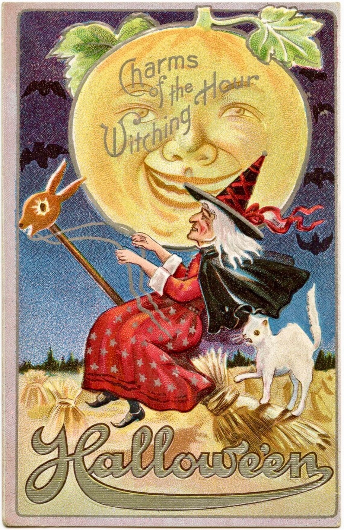 Vintage Halloween Witch Moon Cat Graphic Image Art Fabric - Etsy