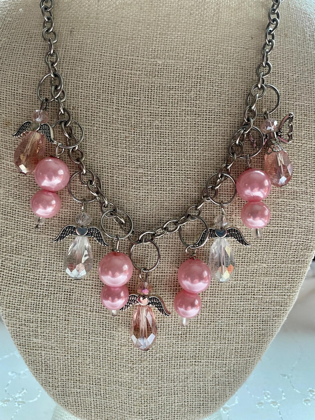 Angels Fairies Clear Crystal Pink Pearls OOAK Statement Assemblage ...