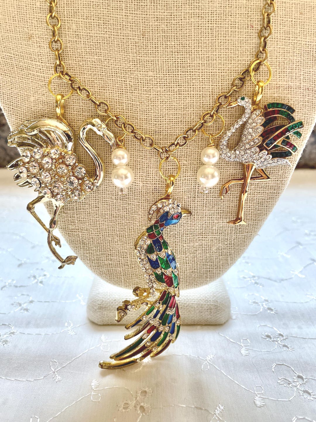 Gold Chain Necklace With Flamingos, Peacock, Pearls – Statement Bib ...