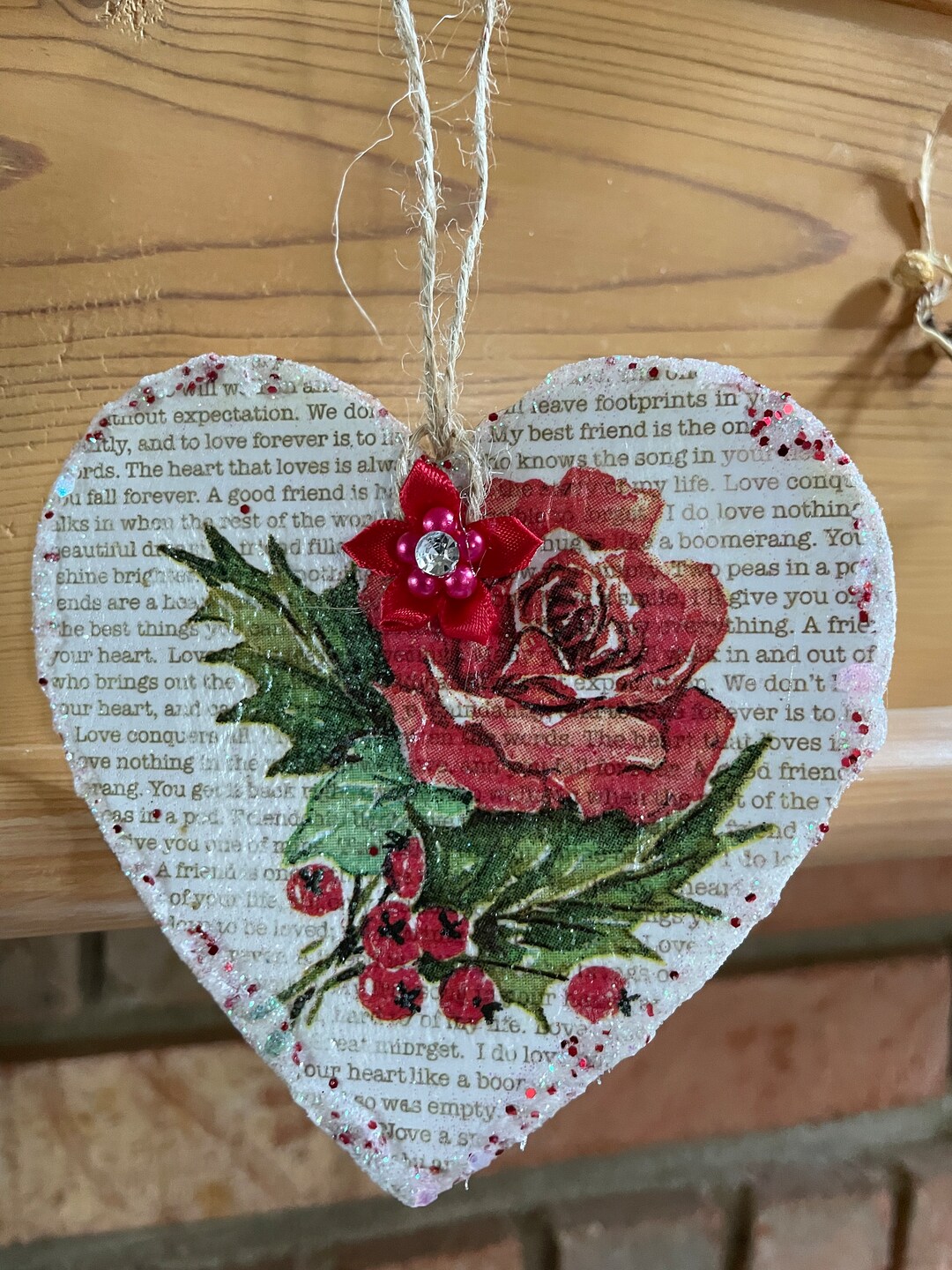 Vintage Christmas Red Rose Holly Script Words Image Decoupaged Ephemera ...