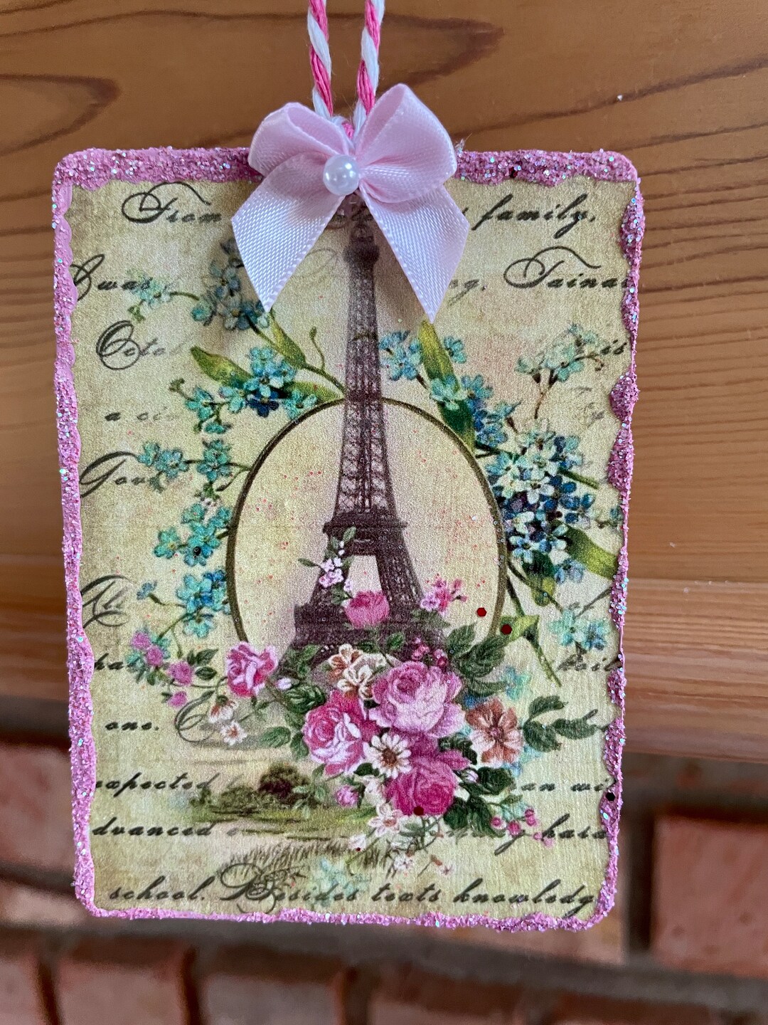 Vintage Pink Roses Eiffel Tower Paris Image Decoupaged Ephemera Glitter ...
