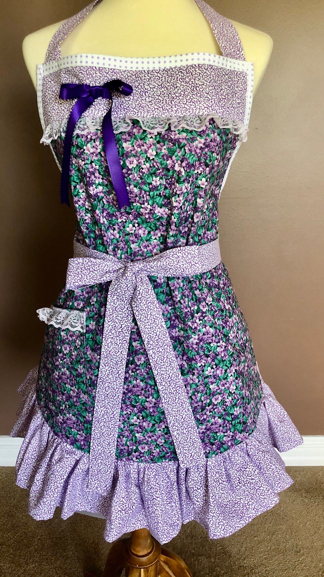 Violets Purple Lavender Ruffle Full Vintage Style Apron Hostess ...