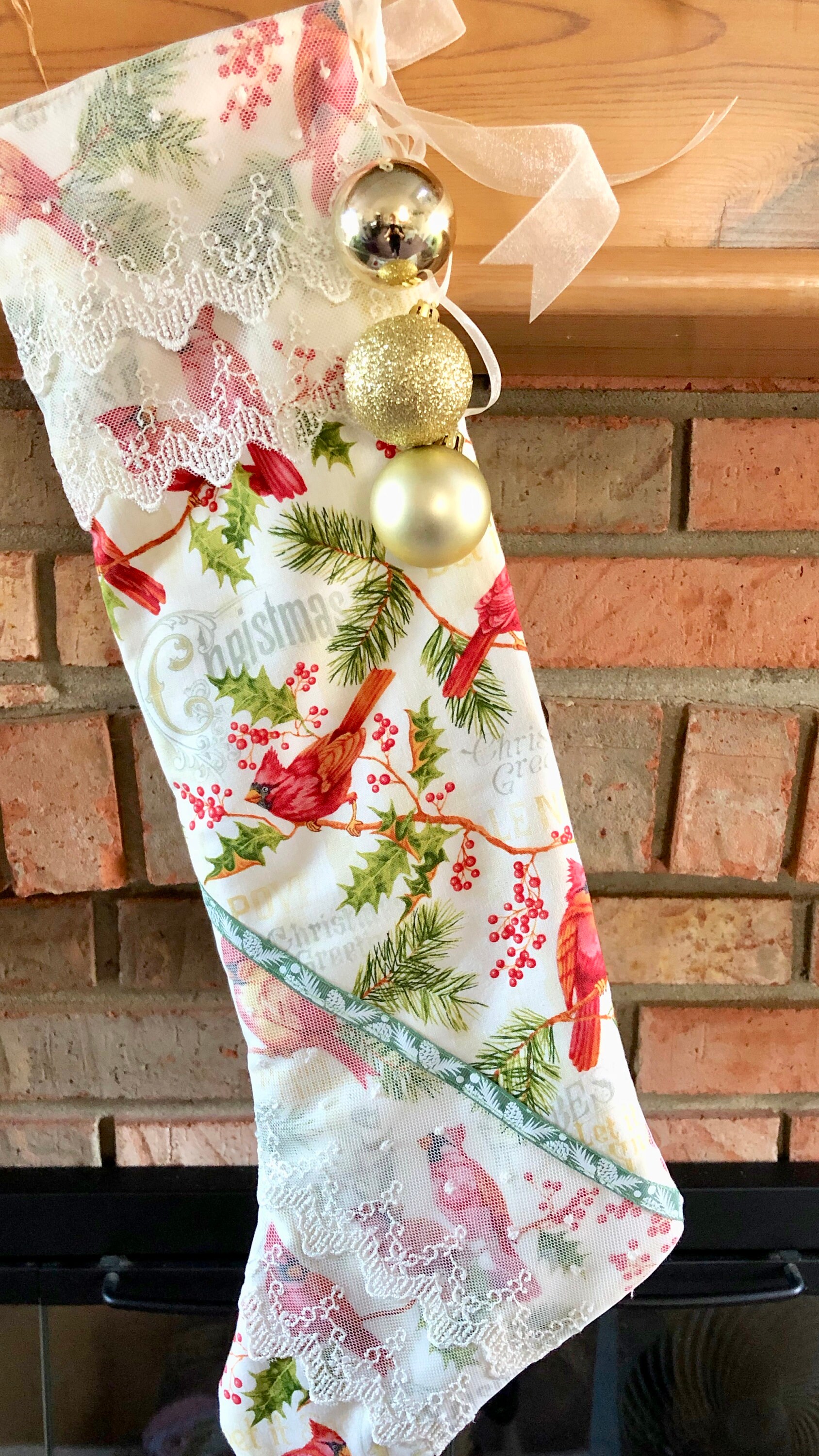 Red Cardinals Reversible Cream Lace Christmas Stocking Shabby | Etsy