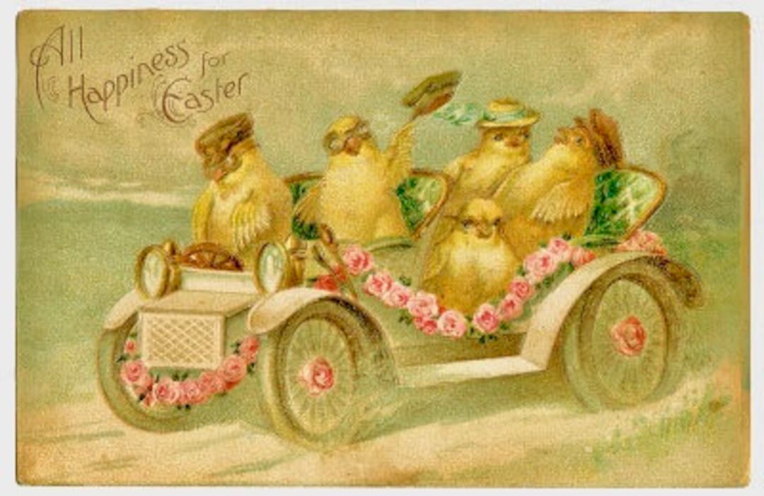 Vintage Easter Car Chicks Yellow Graphic Image Art Fabric Block Doodaba ...