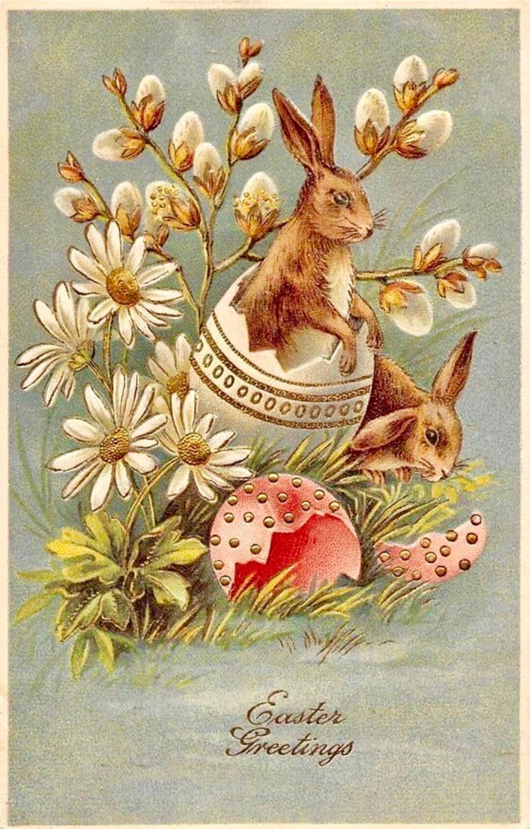 Vintage Victorian Easter Bunny Rabbit Eggs Graphic Image Art Fabric ...