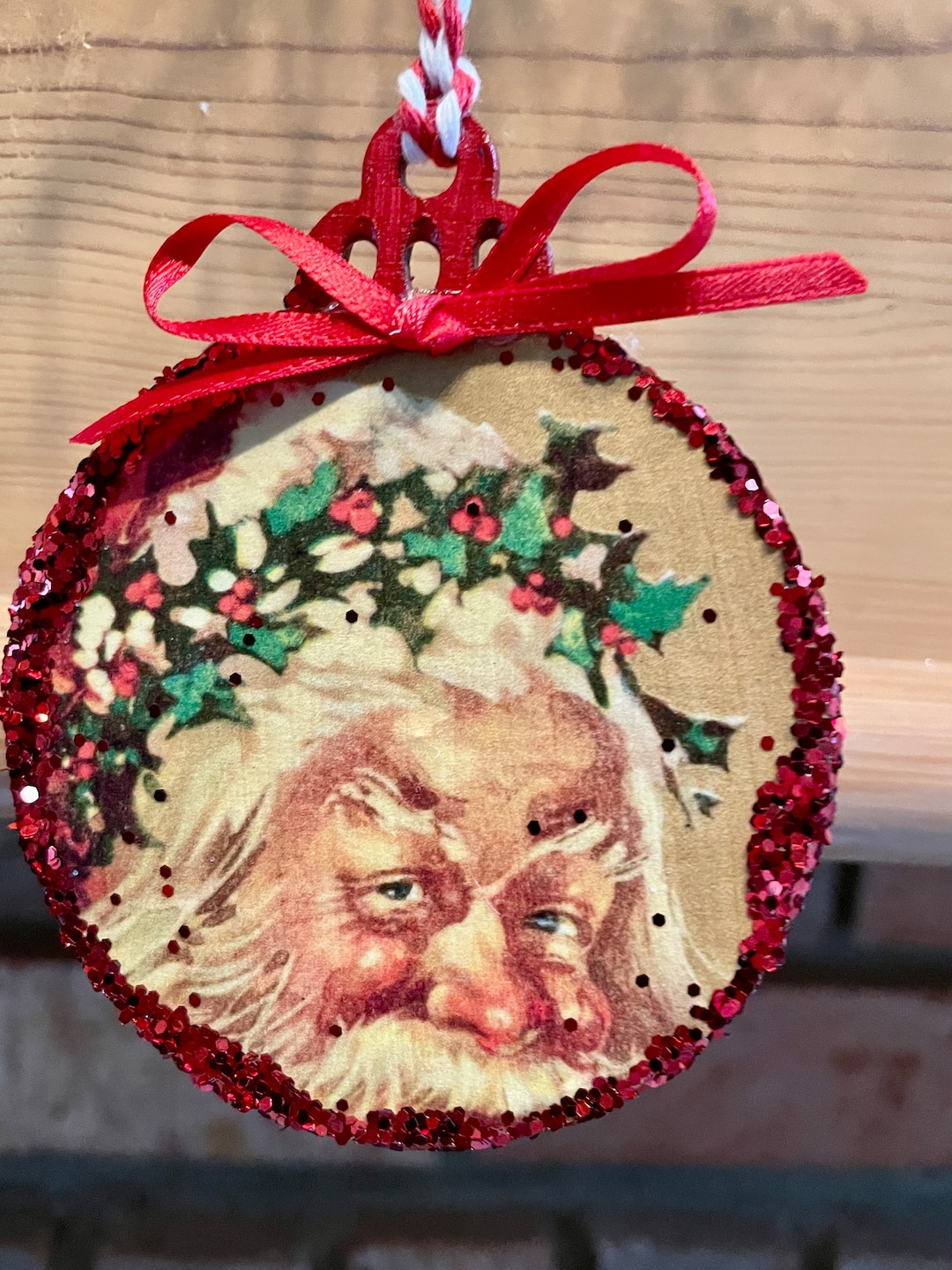 Vintage Santa Claus Wood Christmas Ornament, Red Glitter Shabby Chic - Etsy