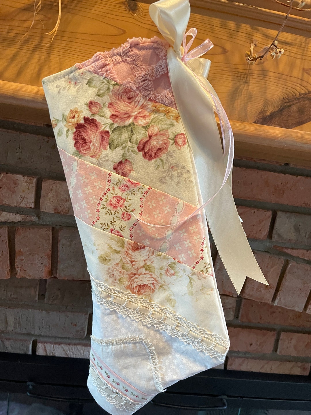 Mauve Pink Roses Christmas Stocking Vintage Chenille Image Shabby Chic ...