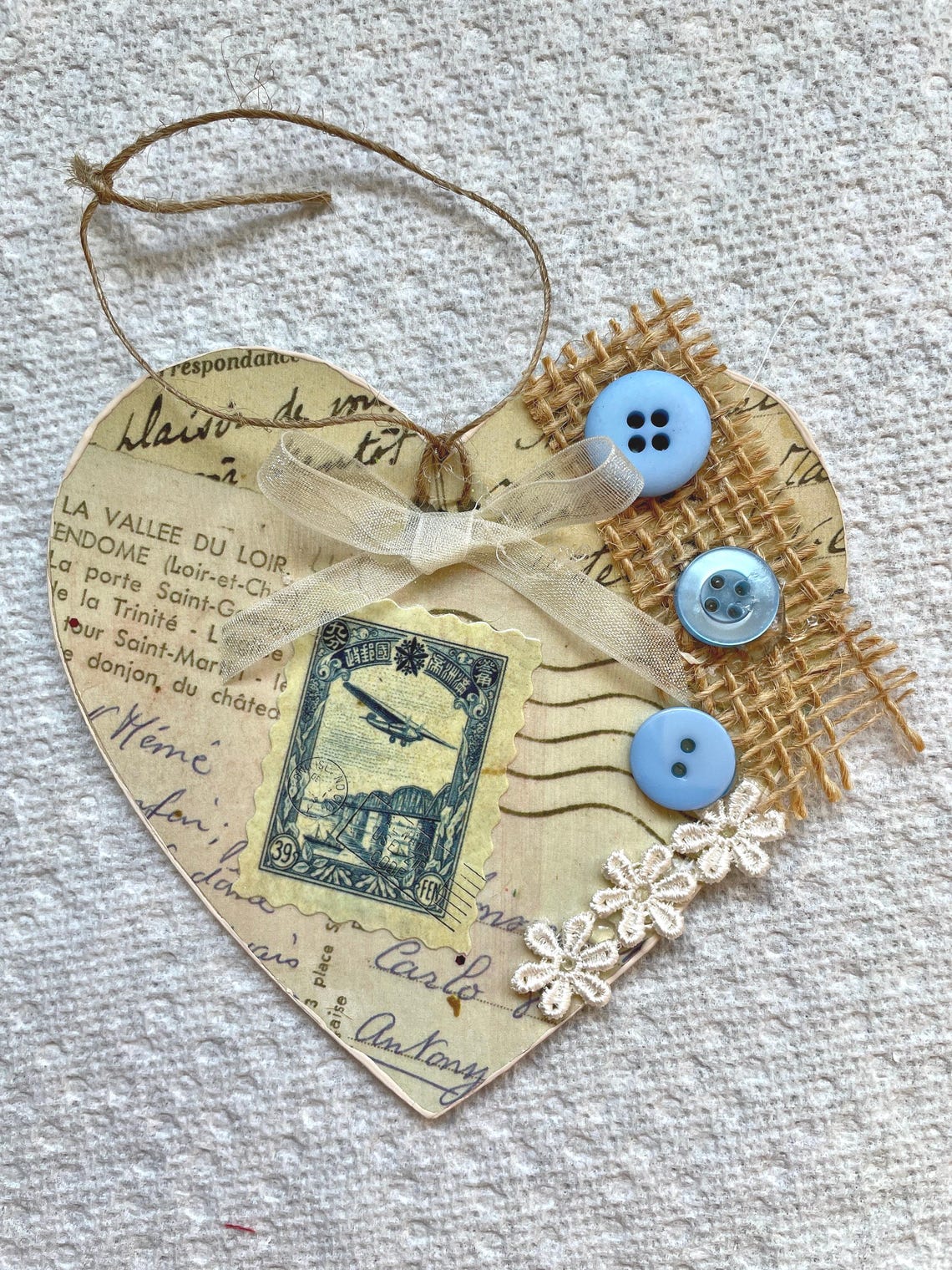 Airplane Postage Stamp Wood Heart Ornament, Shabby Chic Ephemera - Etsy