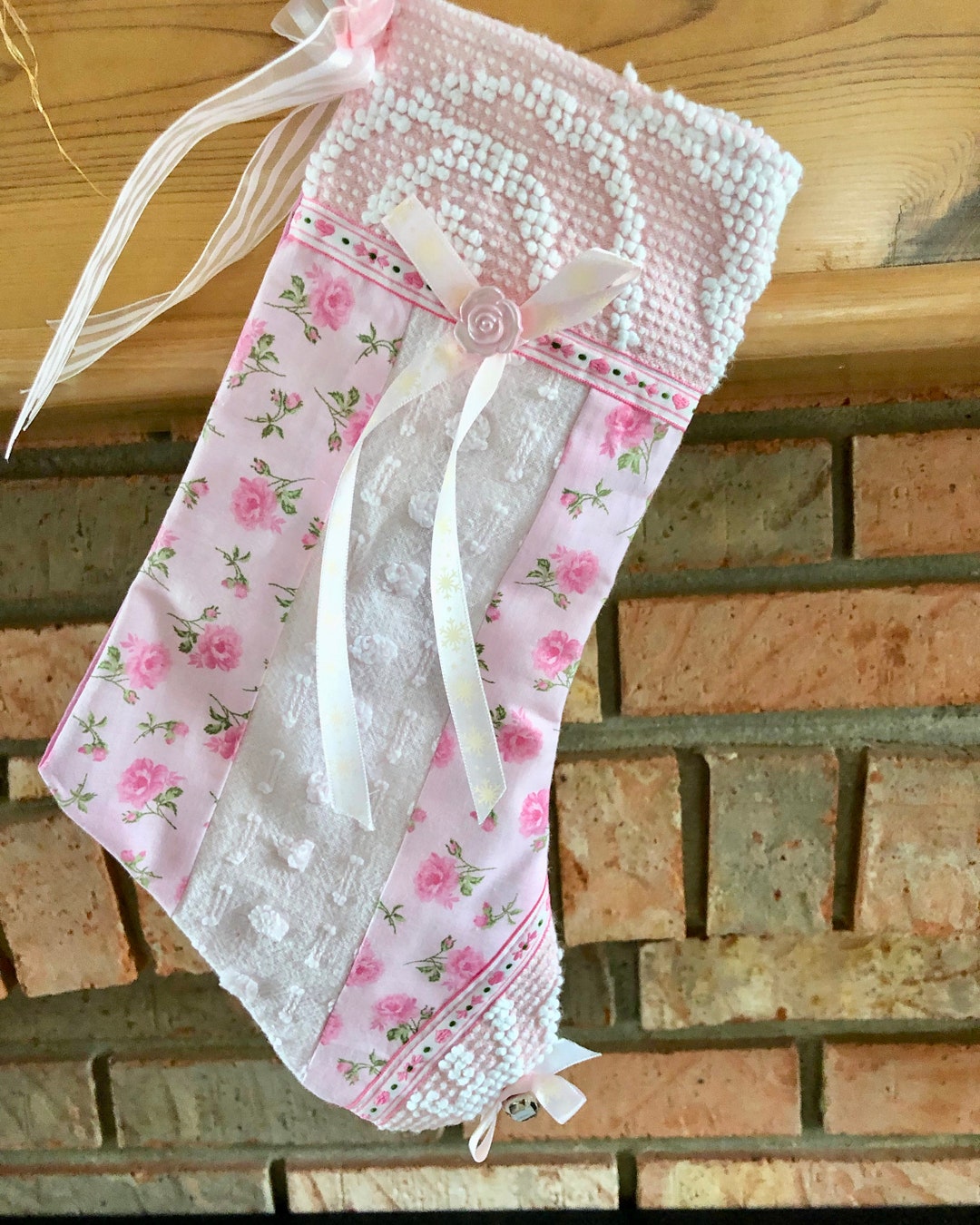 Pink Roses Chenille Christmas Stocking Baby Girl Shabby Chic - Etsy