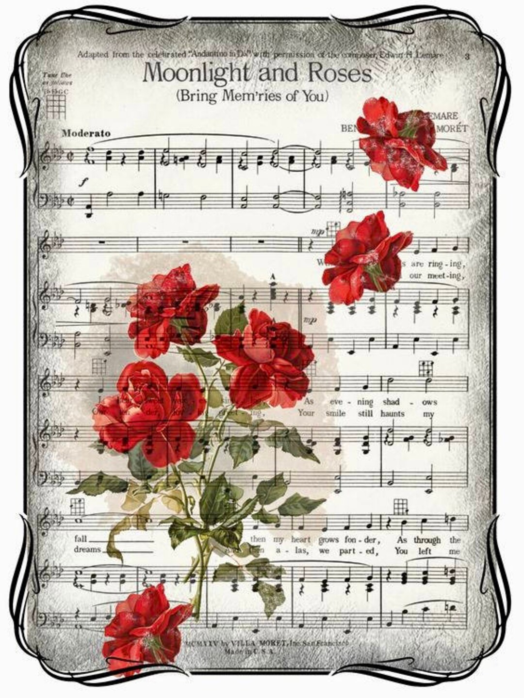 Vintage Victorian Red Rose Sheet Music Graphic Image Art Fabric Block ...
