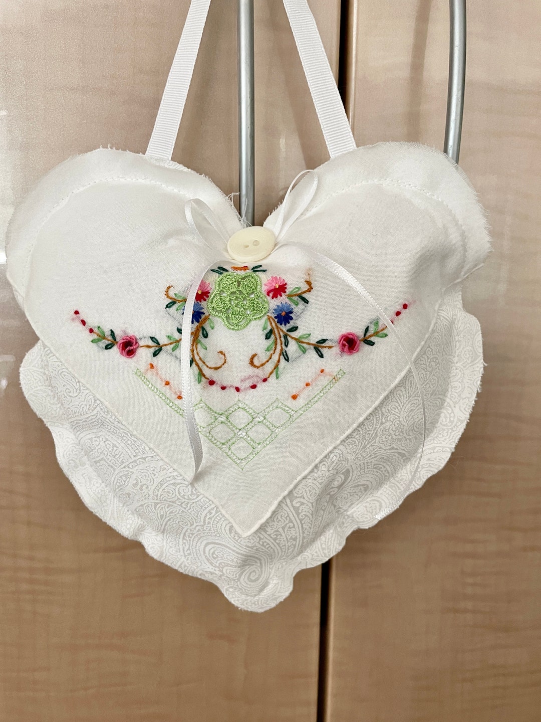 Heart Pastel Embroidered Vintage Handkerchief Hankie Accent Door Hanger ...