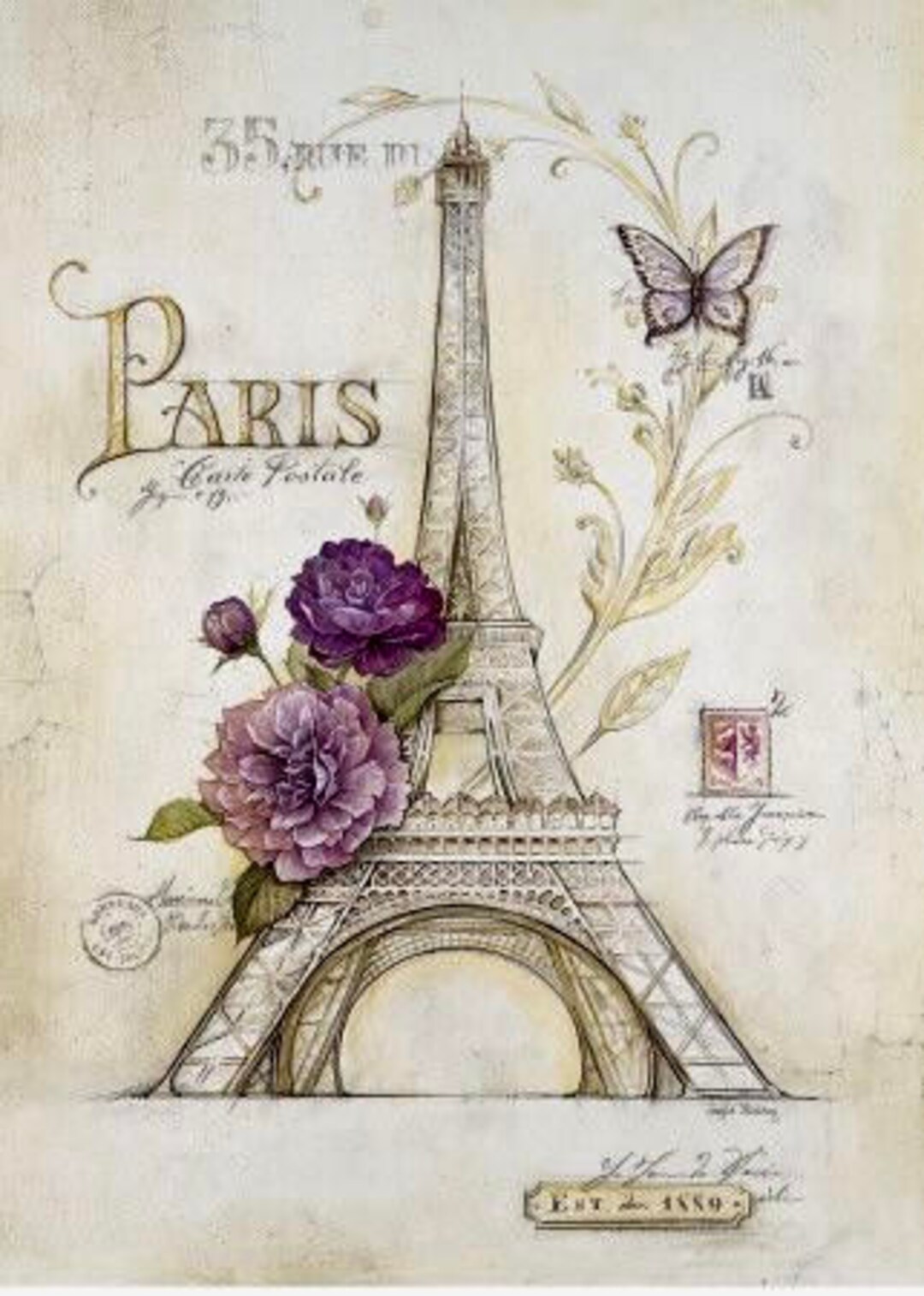 Vintage Paris Eiffel Tower Purple Flowers Graphic Image Art Fabric ...