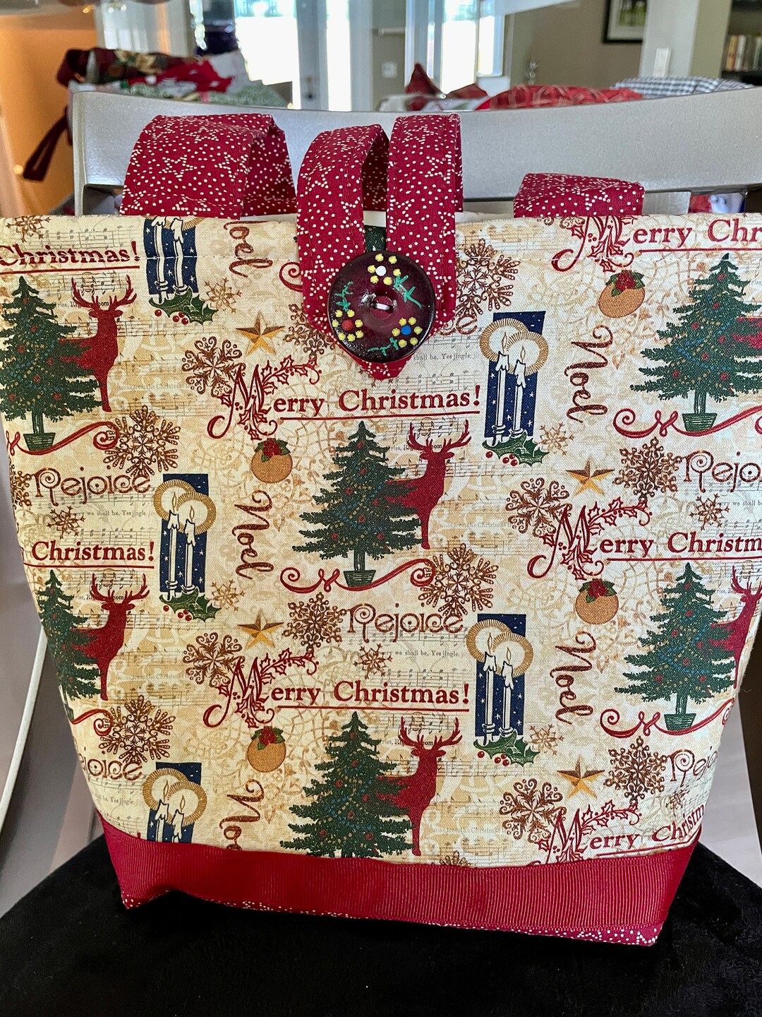 Christmas Burgundy Green Deer Tree Noel Candles Tote Bag Handmade ...