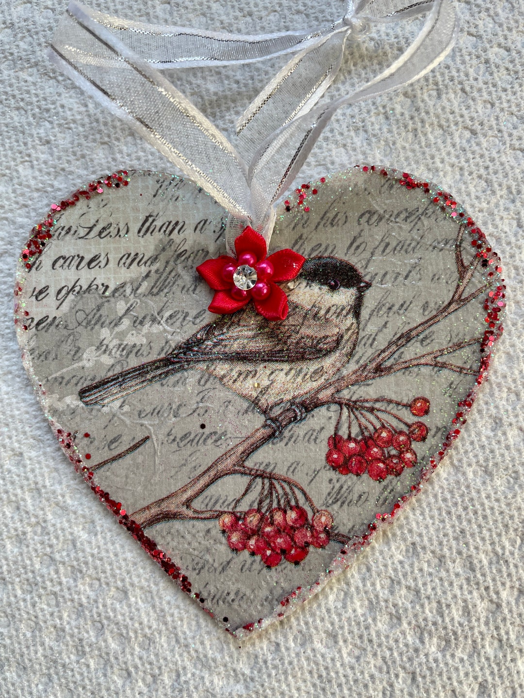 Shabby Chic Chickadee Heart Ornament: Vintage Inspired Decoupage ...