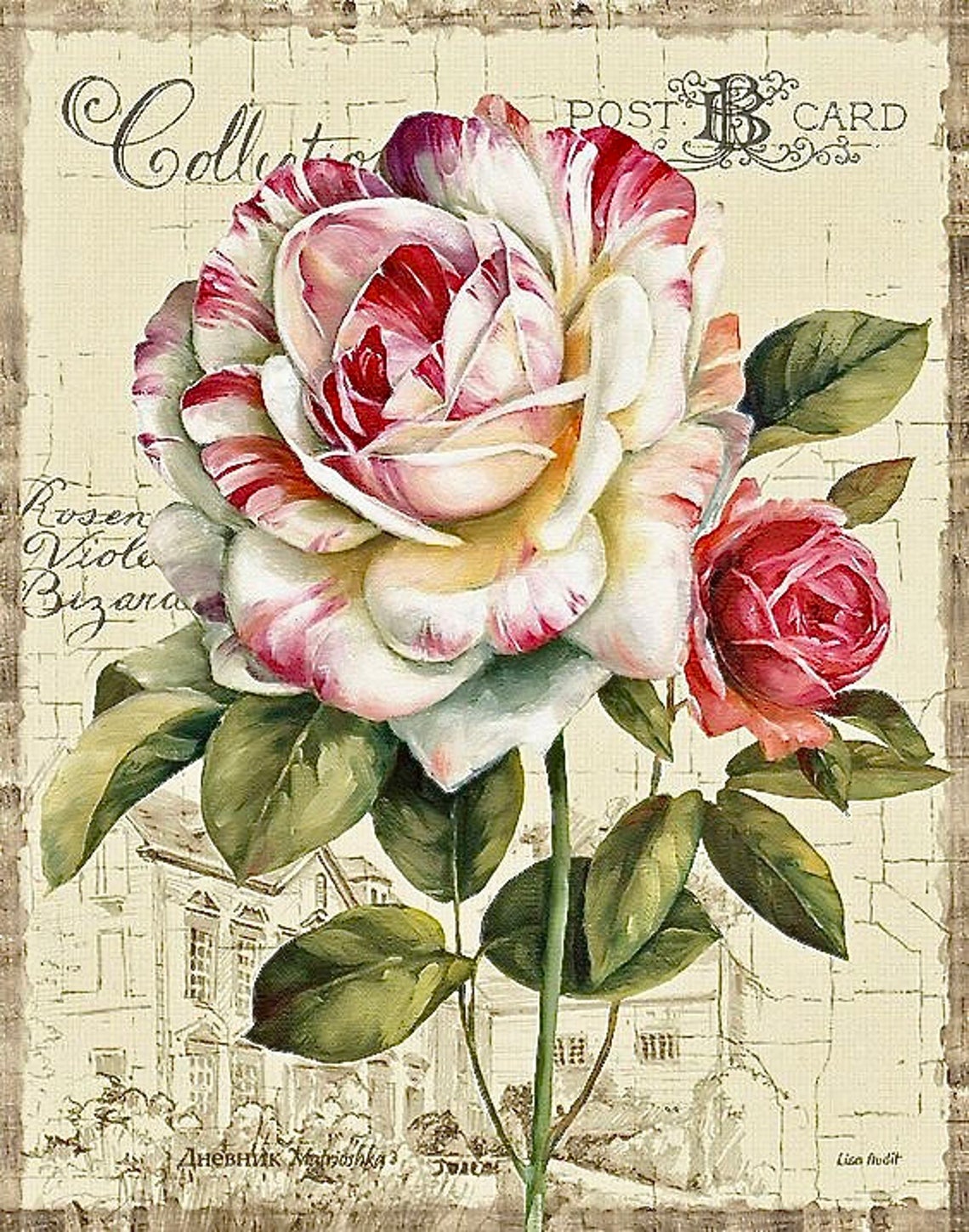 Vintage Look Red Cream Rose Graphic Image Art Fabric Block | Etsy