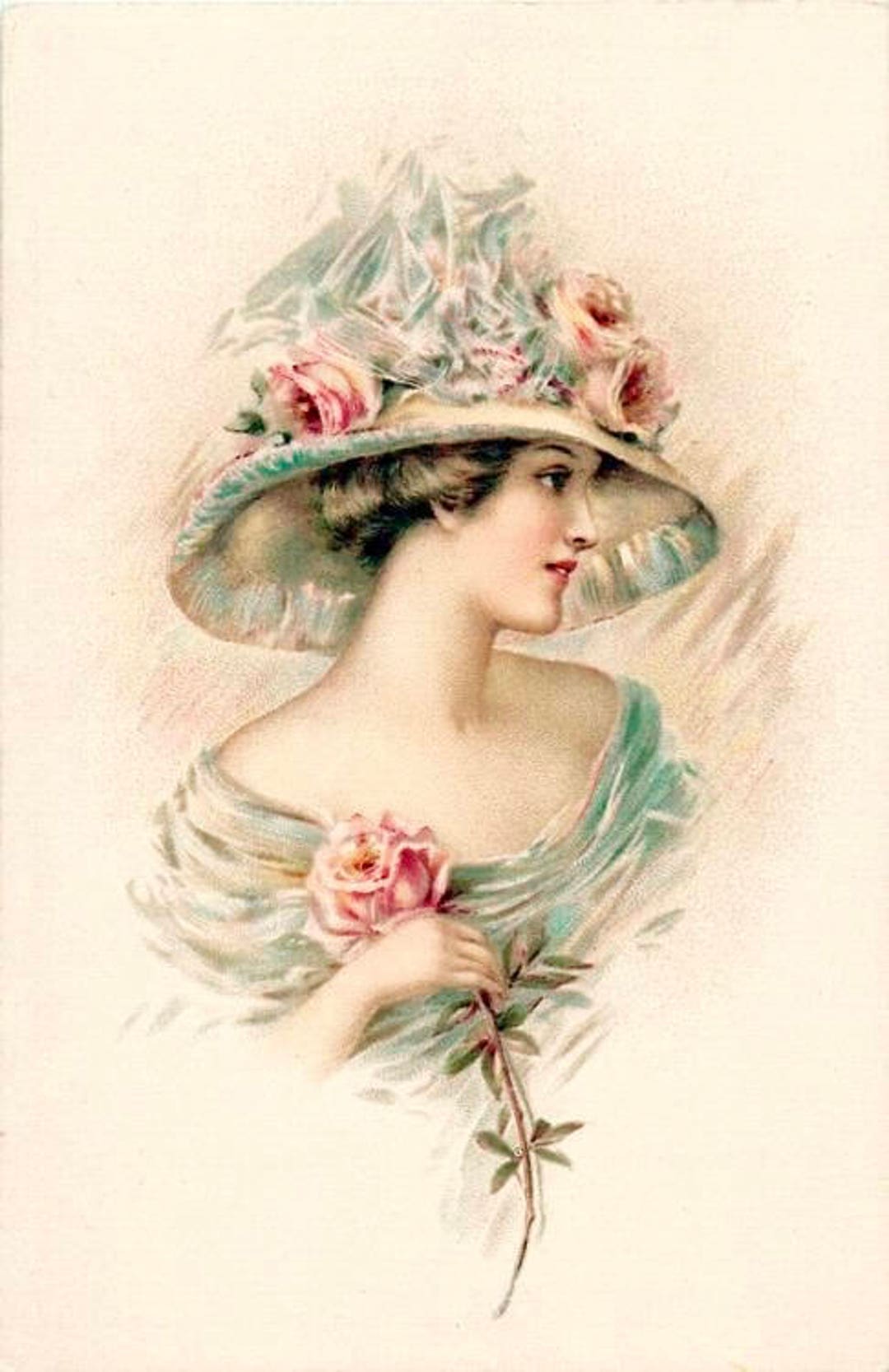 Vintage Victorian Woman Lady Blue Pink Roses Graphic Image Art Fabric ...