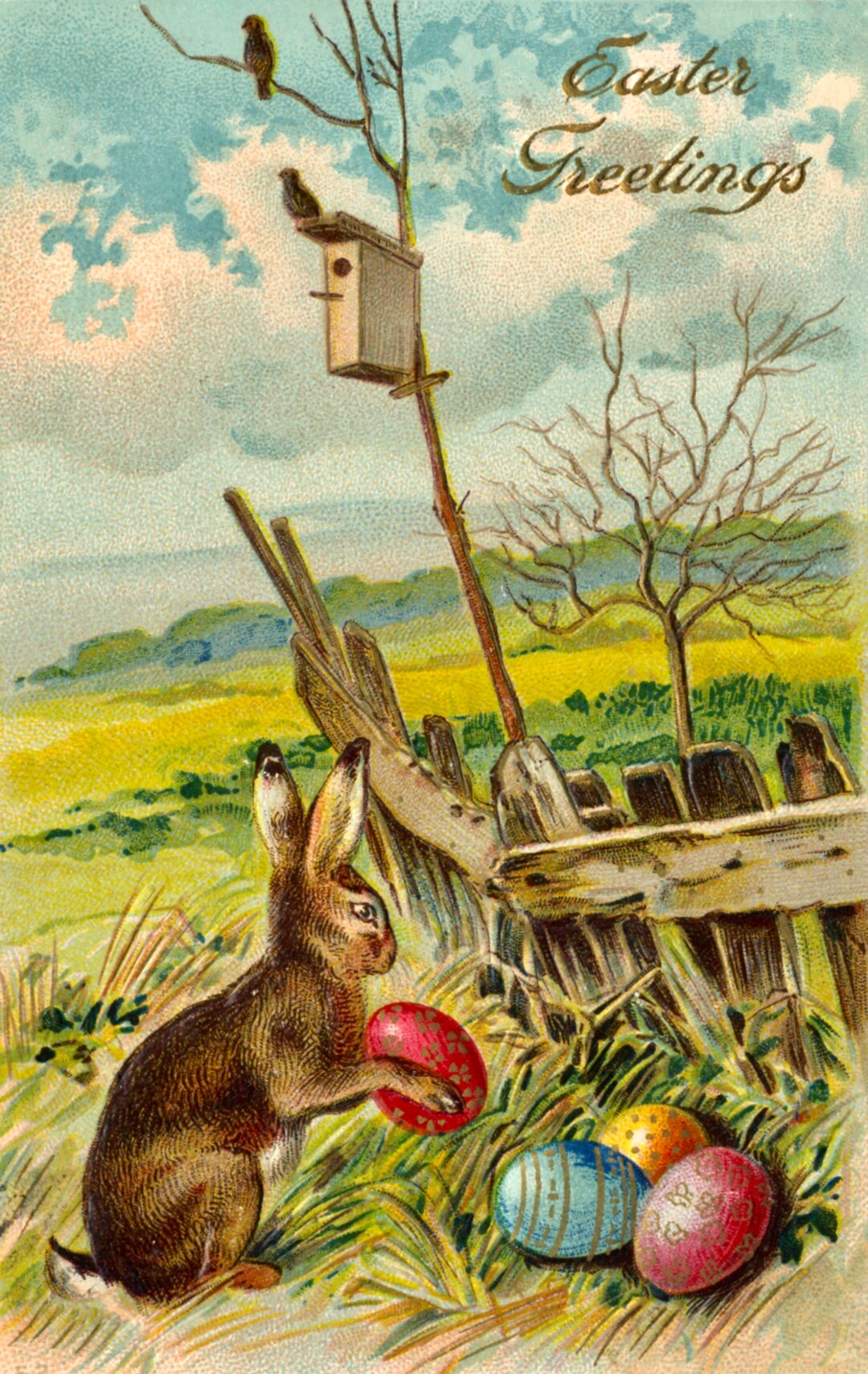 Vintage Easter Bunny Rabbit Eggs Graphic Image Art Fabric Block Doodaba ...