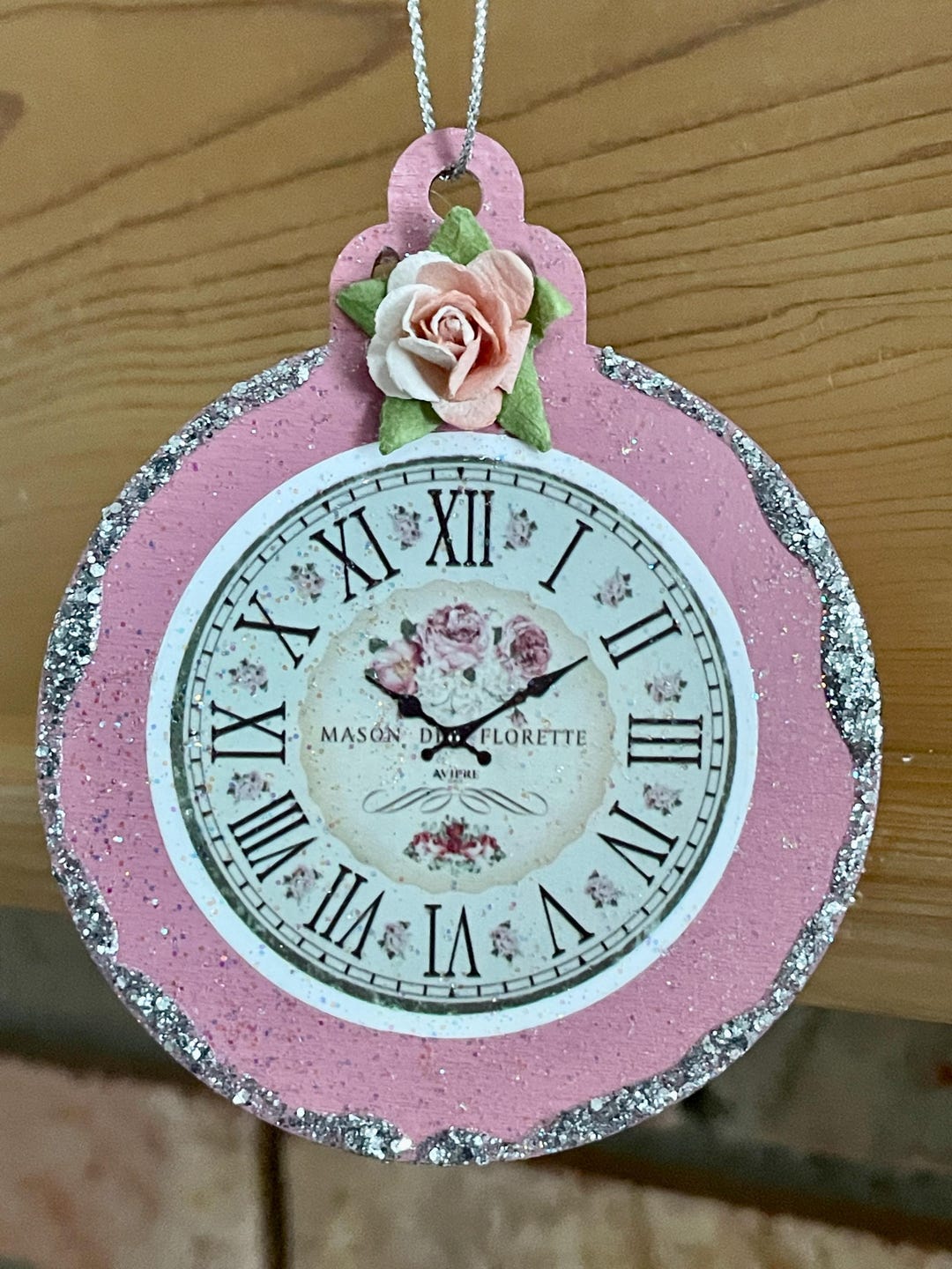 Vintage Inspired Pink Roses Clock Face Image Holographic Glitter Wood ...