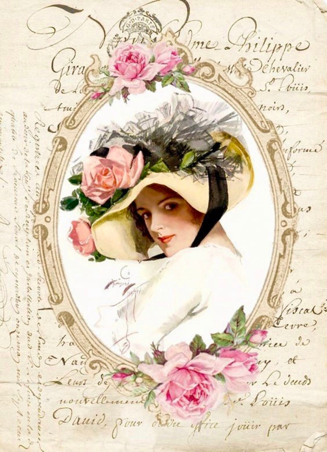 Victorian Lady With Rose Hat Fabric Block, Harrison Fisher Image ...