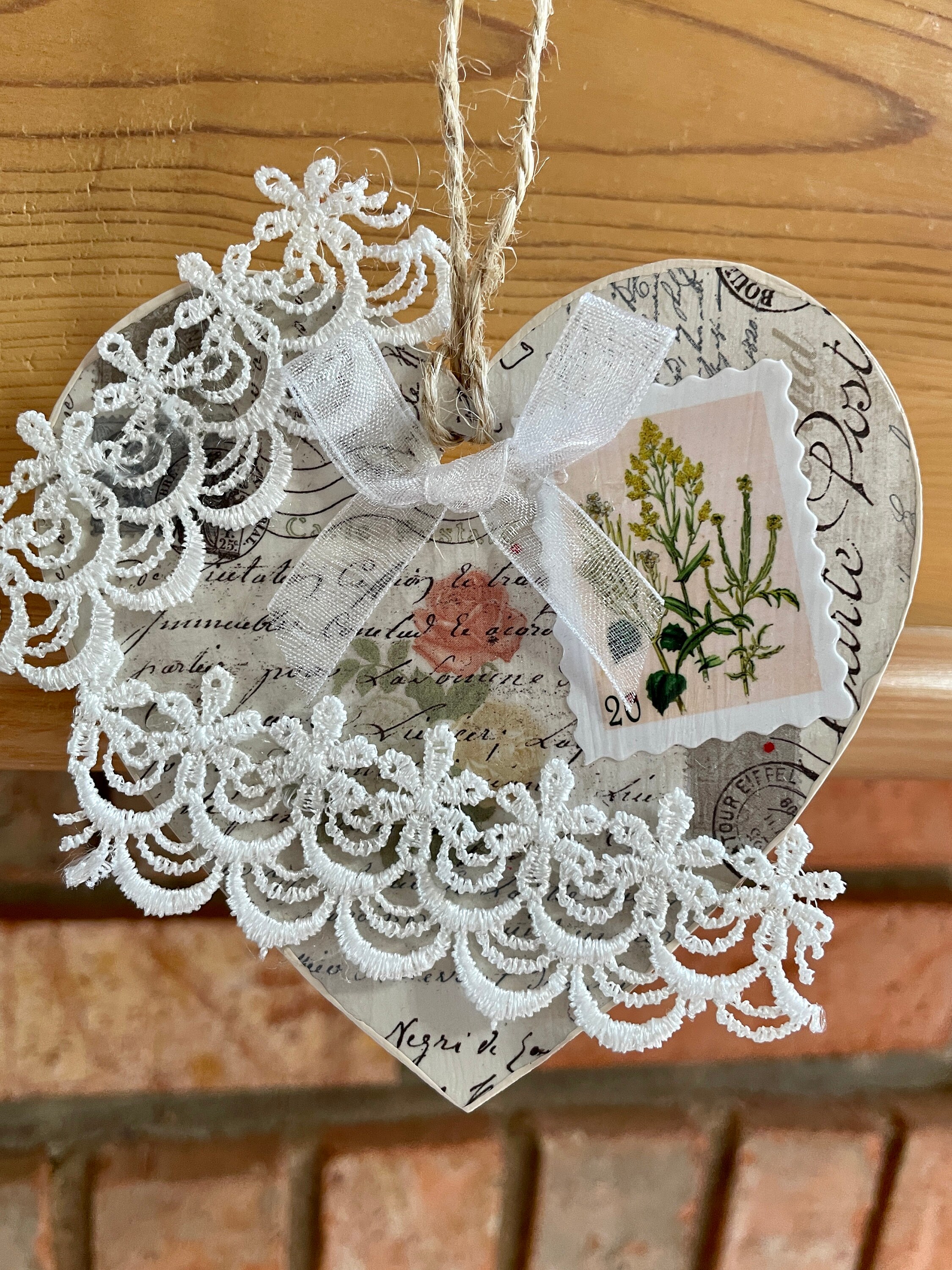 Vintage Lace Postage Stamp Rose Script Rose Decoupaged Ephemera Wood ...