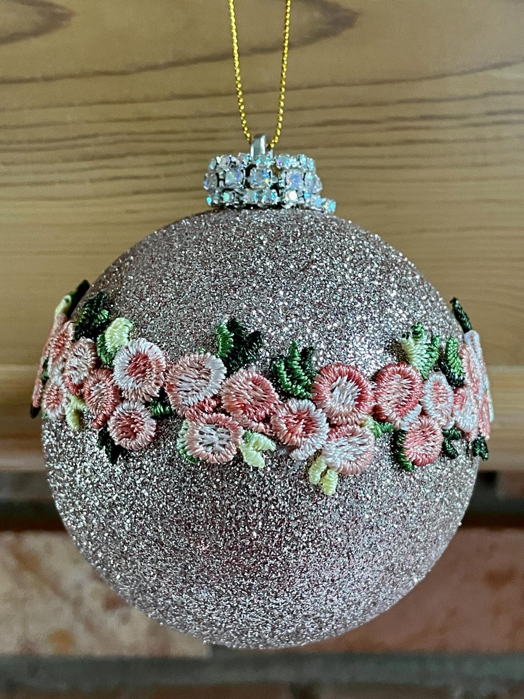 Mauve Pink Glitter Christmas Ornament Embroidered Roses Barbiecore ...