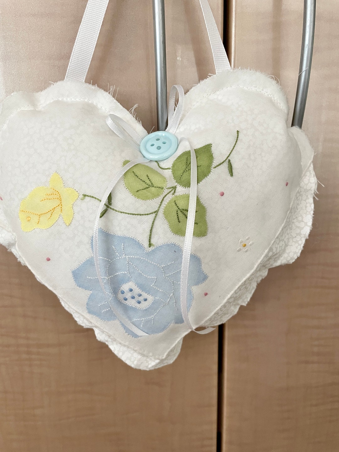 Blue Yellow Applique Rose Vintage Handkerchief Hankie Heart Tree ...