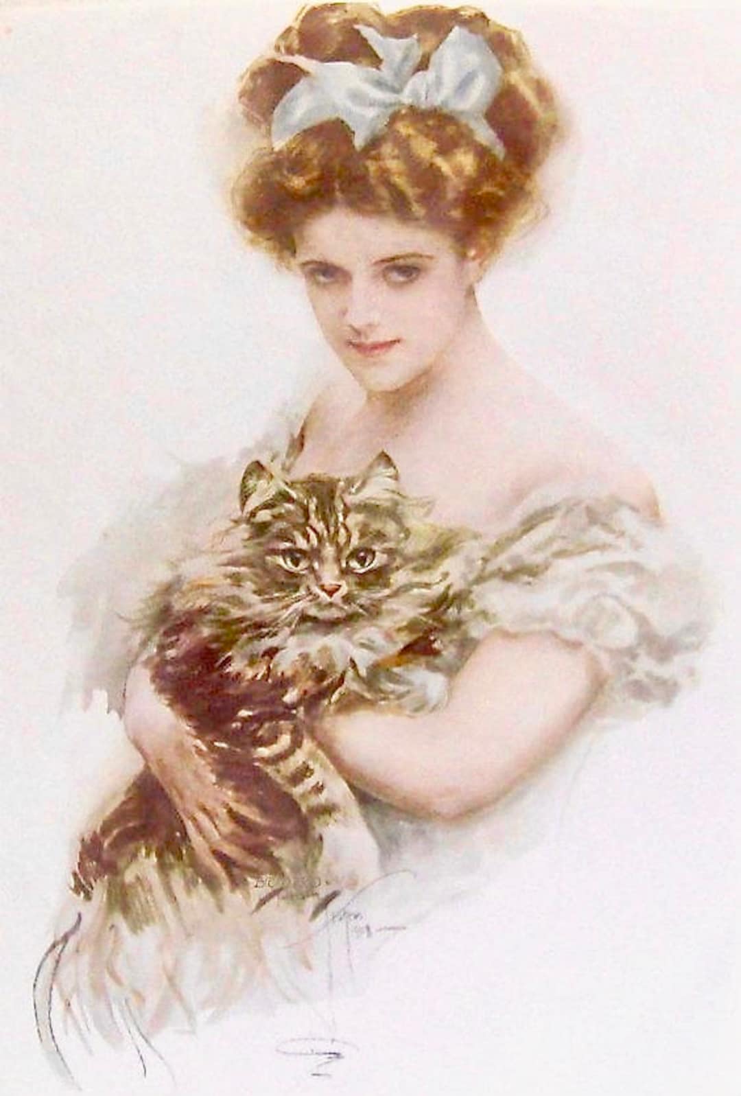 Vintage Woman Lady Blue Cat Harrison Fisher Graphic Image Art Fabric ...
