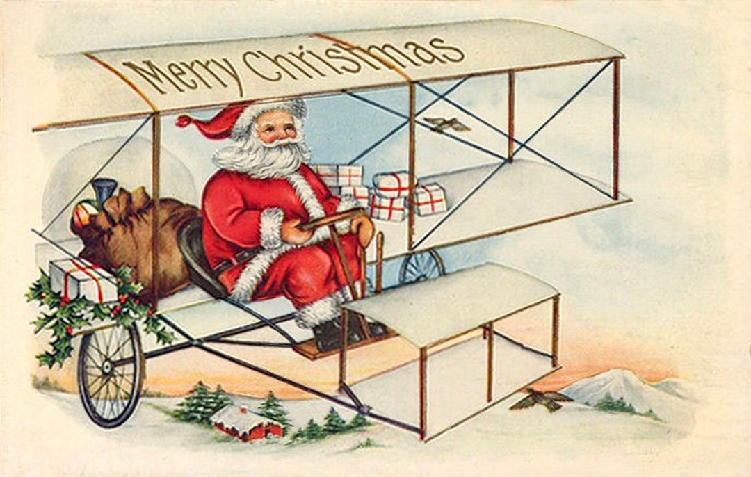 Vintage MCM Santa Claus Airplane Biplane Christmas Graphic Image Art ...