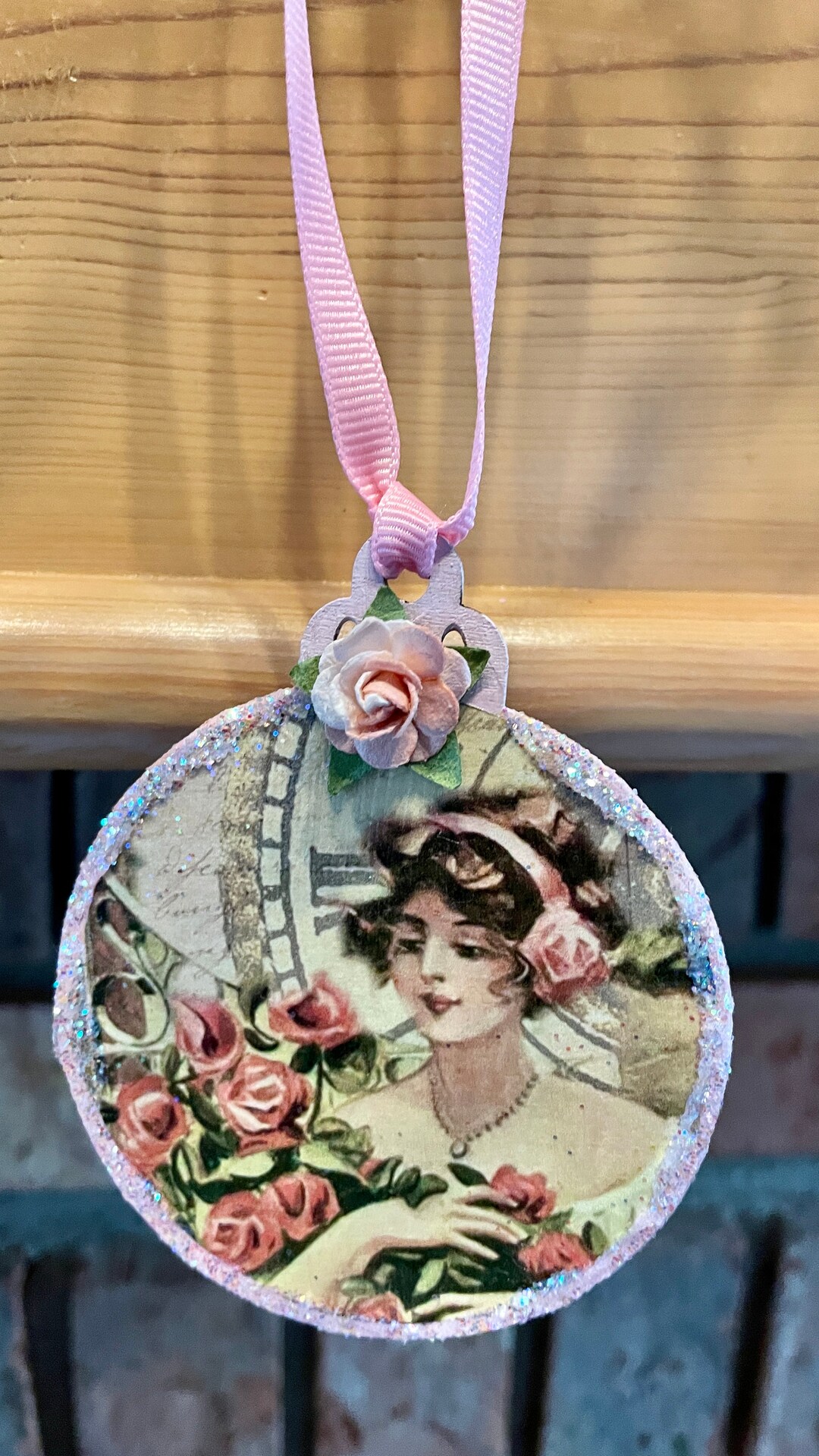 Pink Woman Lady Roses Victorian Image Decoupaged Ephemera Glitter Wood ...
