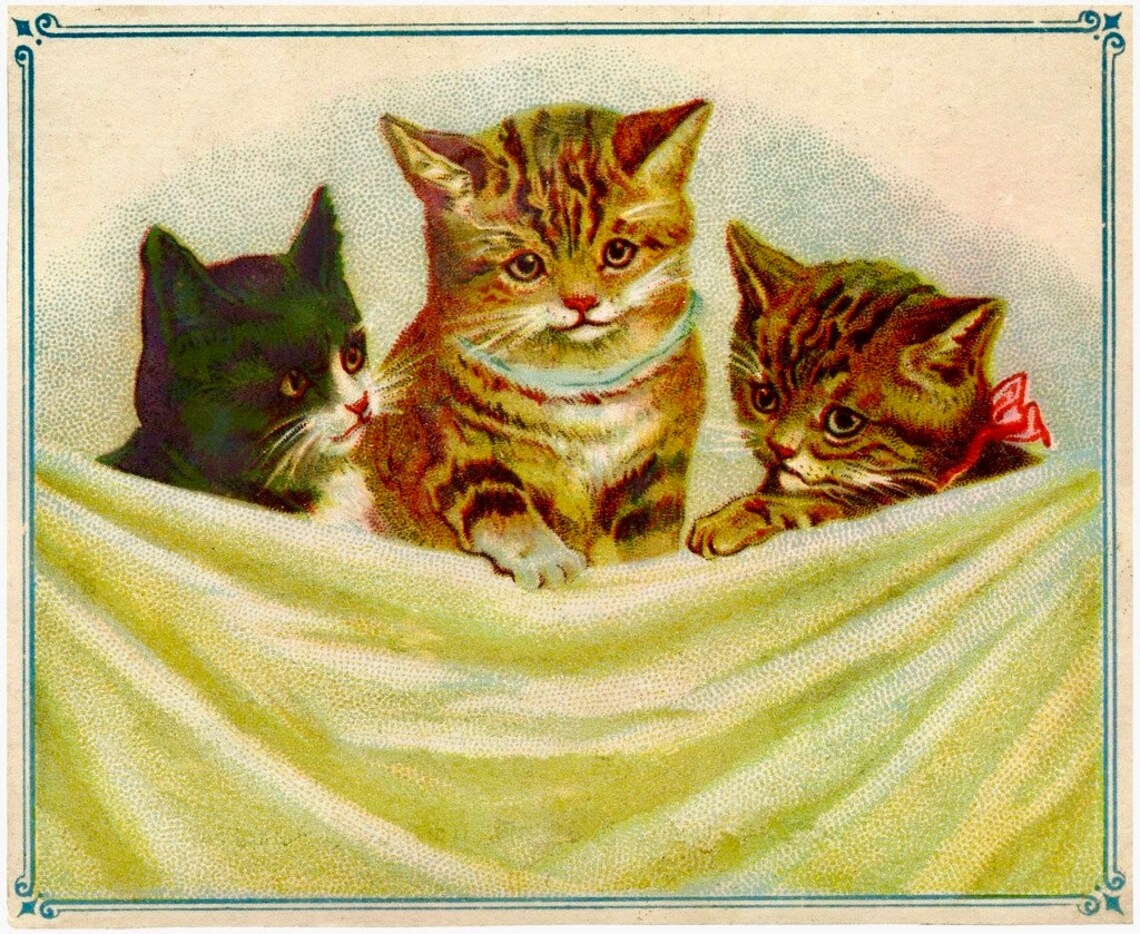 Vintage Victorian Cats Kittens Graphic Image Art Fabric Block Doodaba ...
