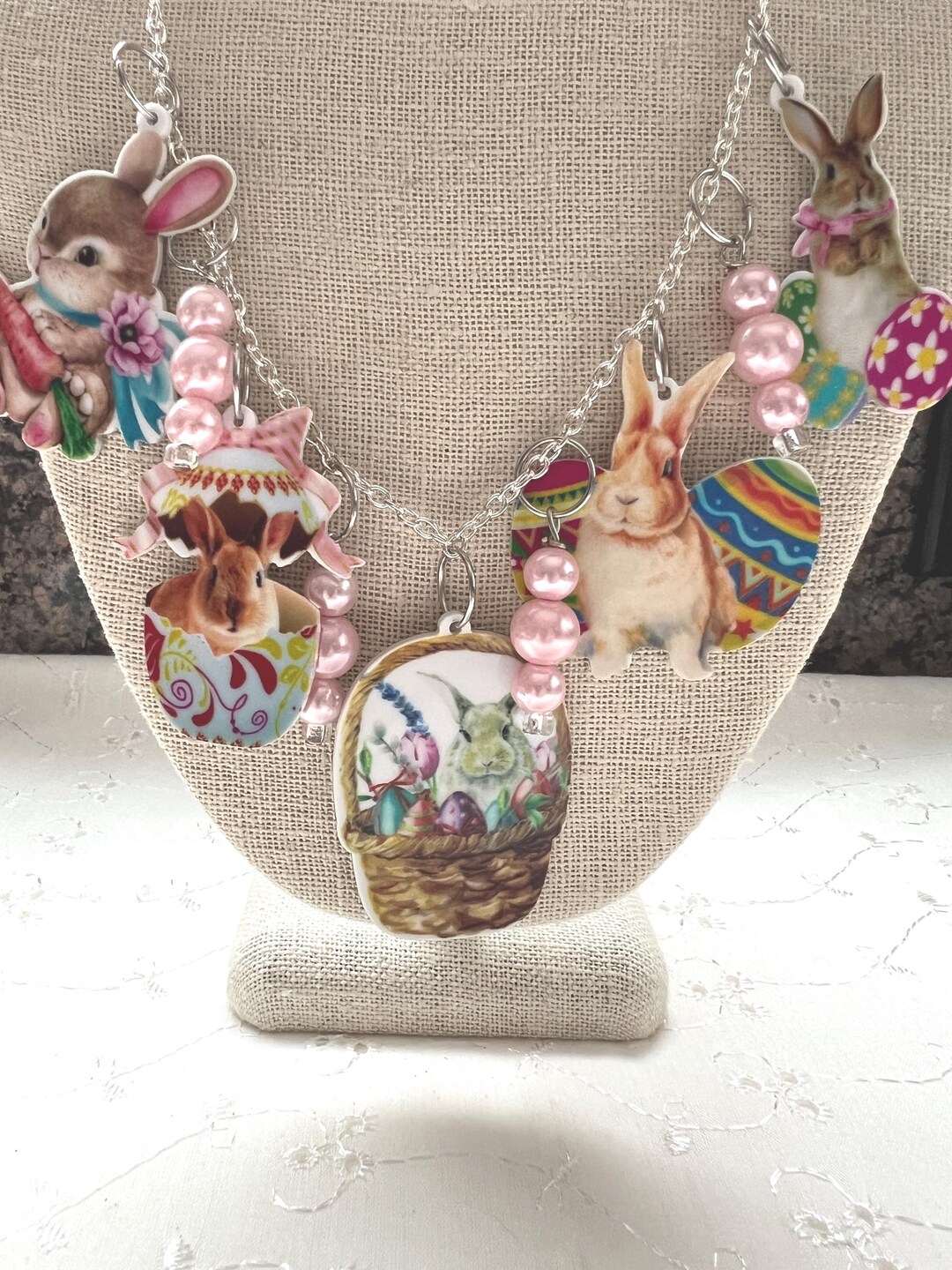 Easter Bunny Necklace: Acrylic Bunnies, Pink Pearls, Silver Chain - Etsy