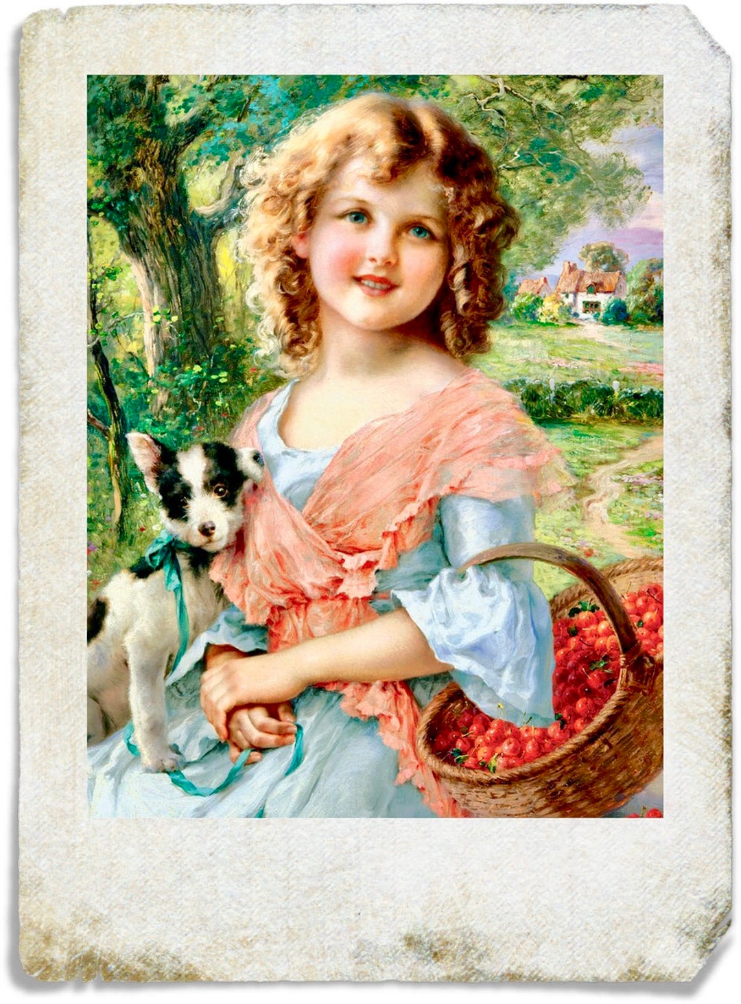 Vintage Victorian Emile Vernon Girl Cherries Puppy Graphic Image Art ...