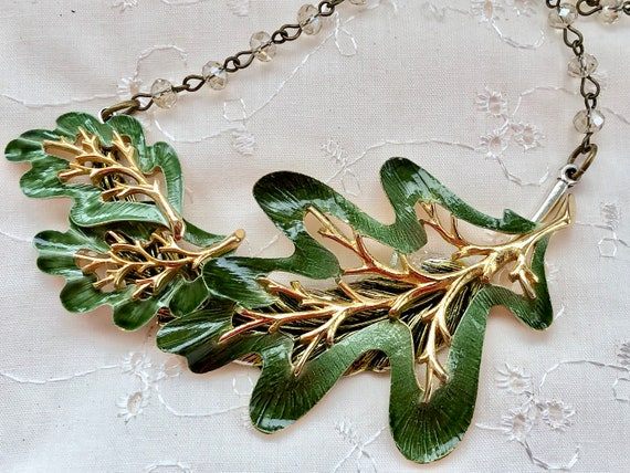 Vintage Repurposed Vintage Green Enamel Oak Leaves Up… - Gem