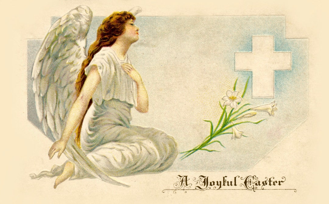 Vintage Angel Easter Cross Lilies Graphic Image Art Fabric Block ...