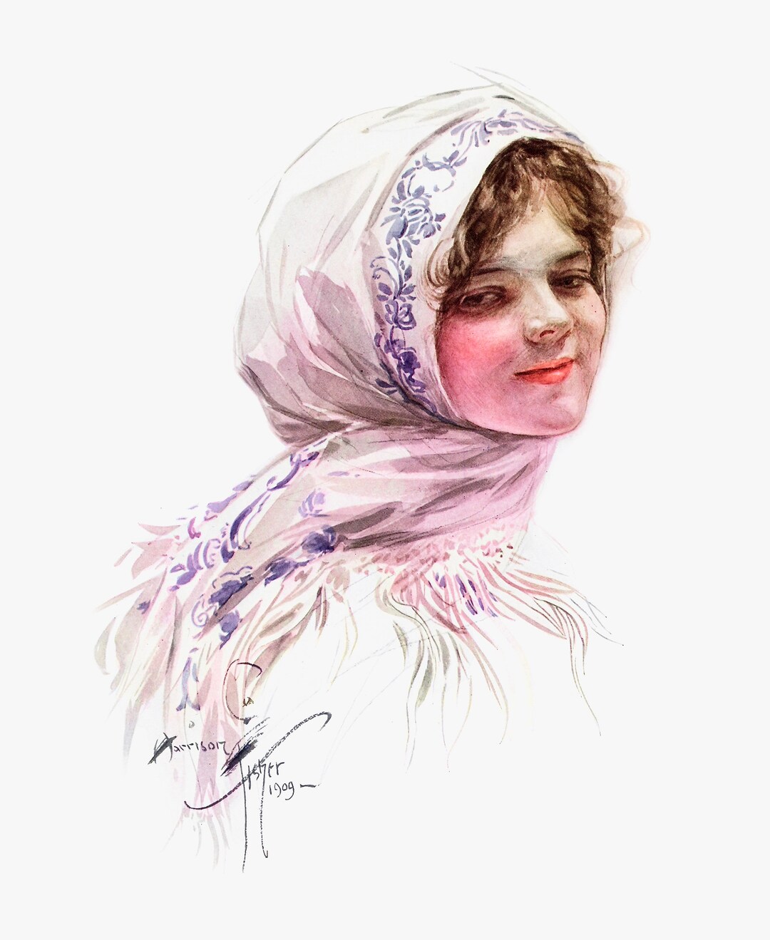 Victorian Vintage Harrison Fisher Woman Lady Scarf Graphic Image Art ...