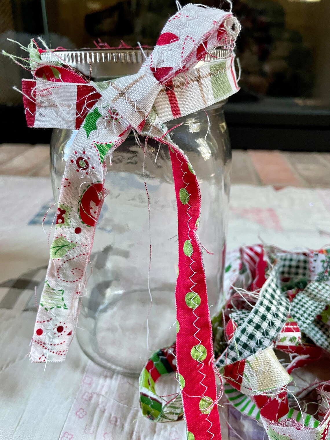 Christmas Rag Ribbon Trim, Tattered Red Green Fabric, Handmade - Etsy