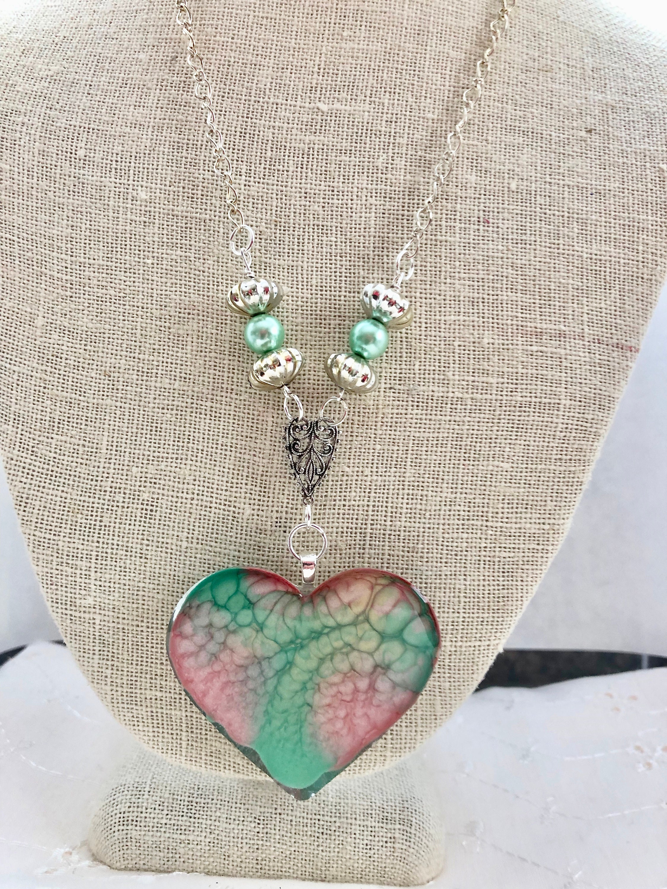 Mint Green Mauve Pink Marbled Resin Heart Silver Chain | Etsy