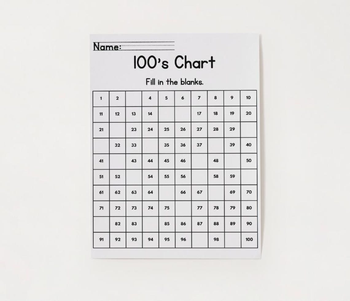 100's Chart Fill in the Blank Worksheet | Kindergarten Math | Hundreds ...