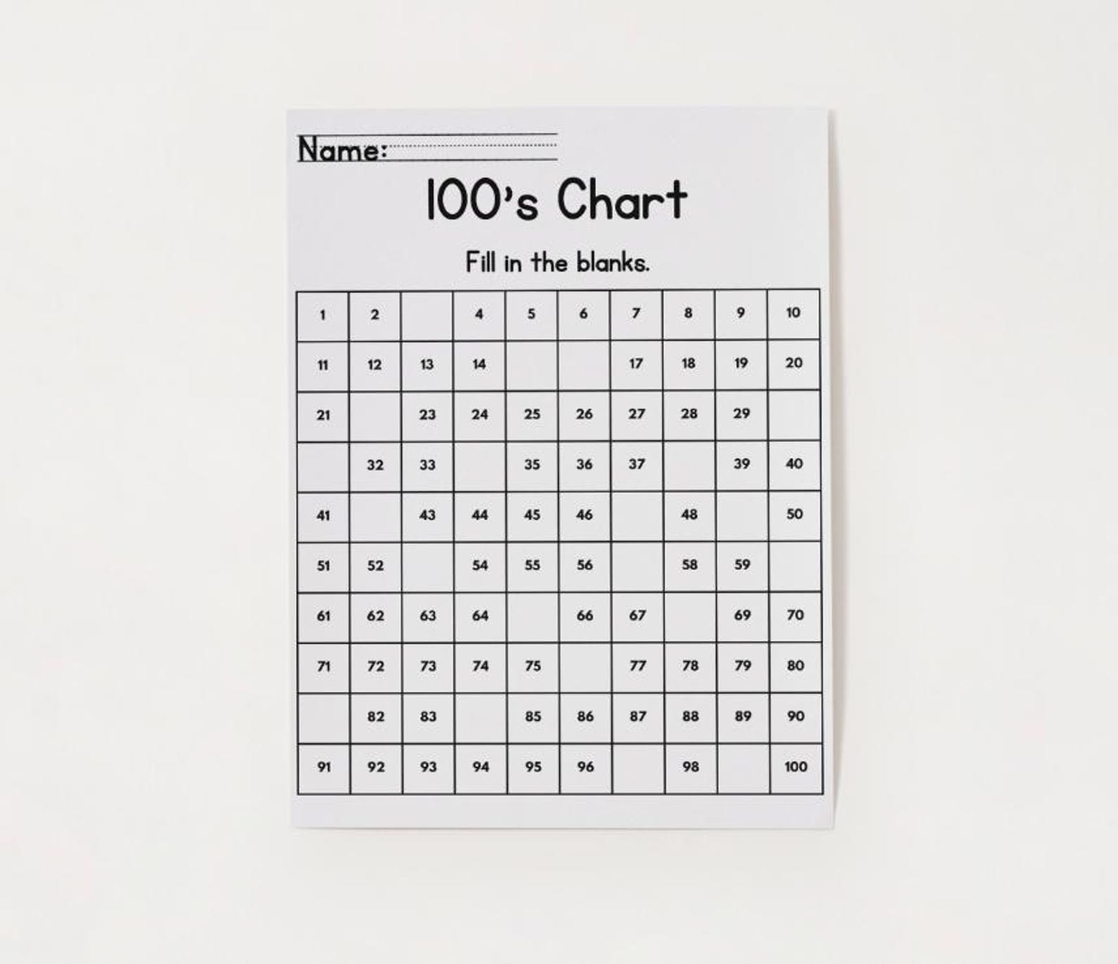 100's Chart Fill in the Blank Worksheet | Kindergarten Math | Hundreds ...