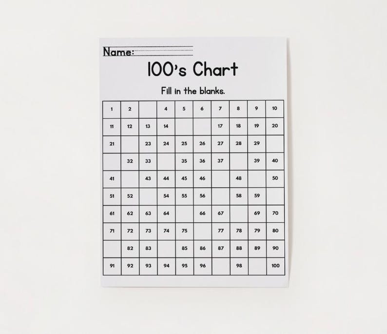 100's Chart Fill in the Blank Worksheet | Kindergarten Math | Hundreds ...