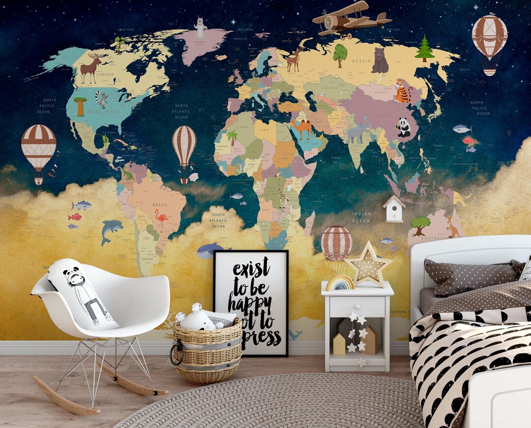 Dark Continents World Map Wallpaper, Kids Wallpaper Peel and Stick ...