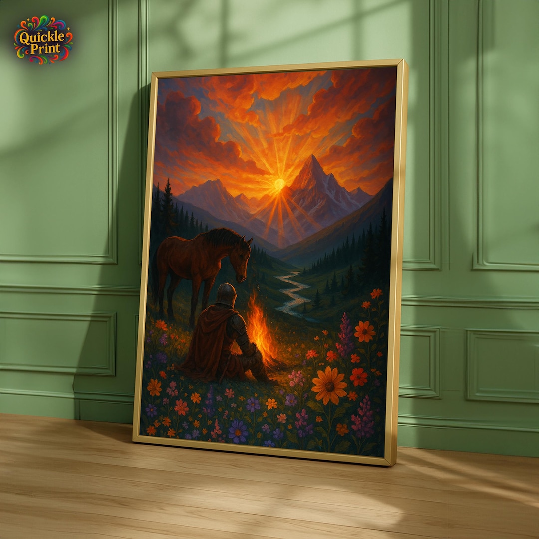 Knight Painting Print, Sunset Medieval Fantasy Wall Art, Male Knight ...
