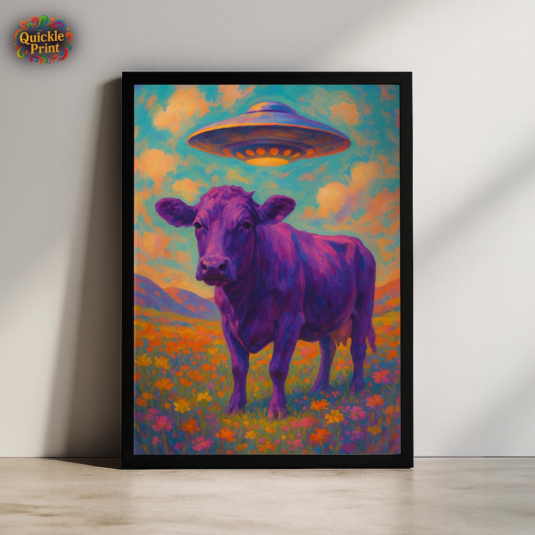 Funny Retro UFO Poster, UFO Abduction Art Funny Purple Cow Print, Alien ...
