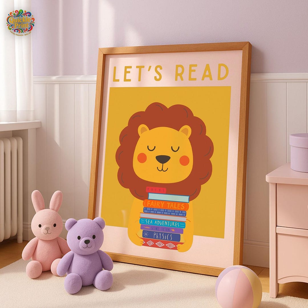 Kids Reading Poster, Retro Toddler Wall Art, Whimsical Lion Picture ...
