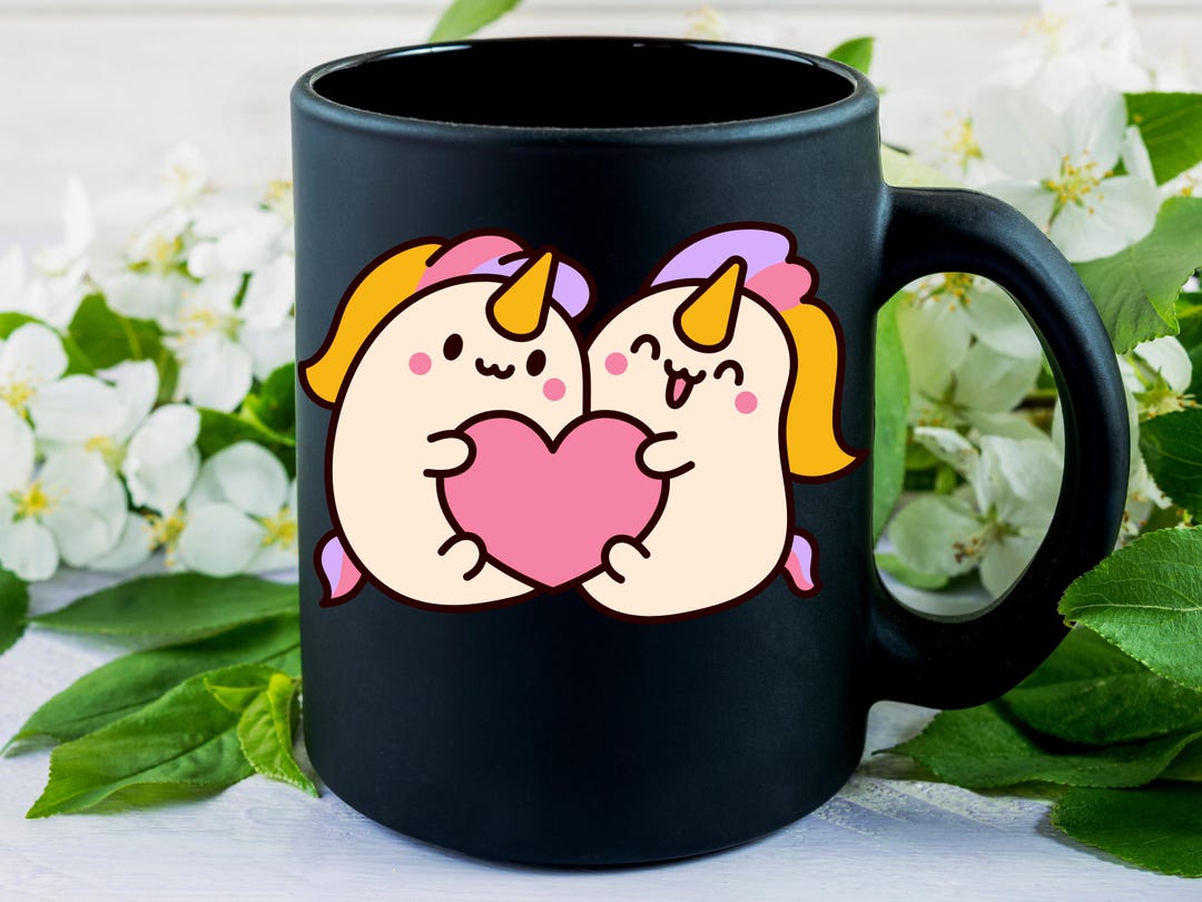 Cute Kawaii Unicorns Holding Heart PNG, Valentine’s Day Sublimation ...